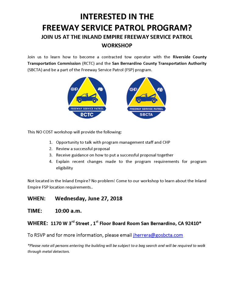 Freeway Service Patrol Workshop for Tow Operators - SBCTA