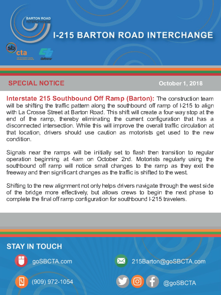 Barton Road Special Notice - Realignment of Southbound Off Ramp - SBCTA