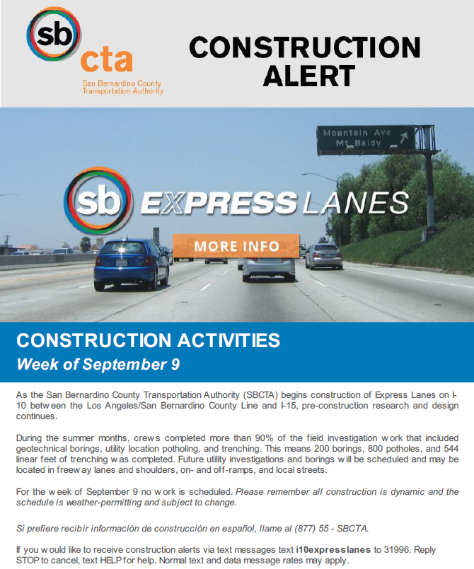 I-10 Construction Alert Week of September 9th - SBCTA
