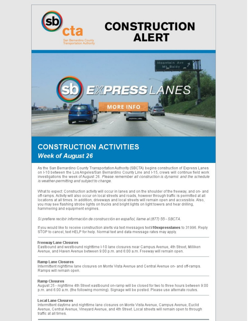 I-10 Construction Alert Week of August 26th - SBCTA